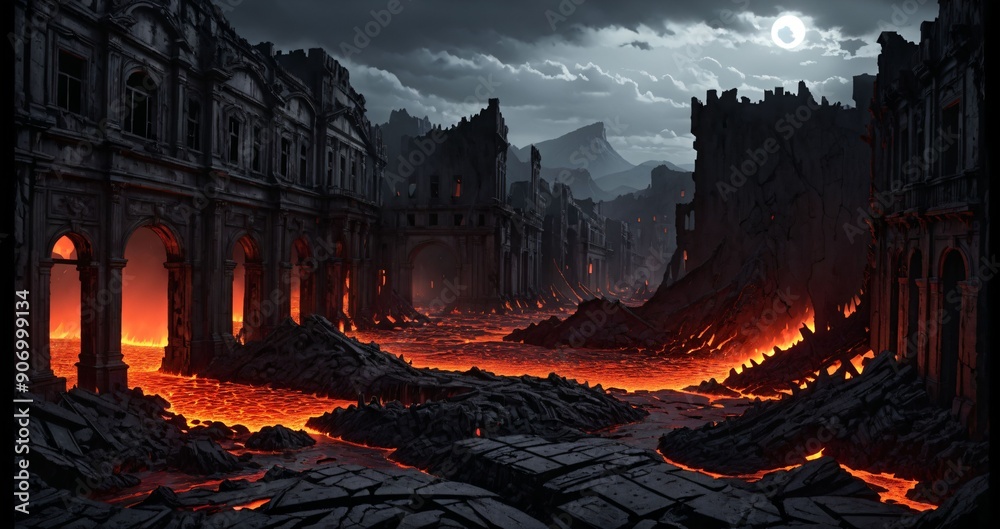 post apocalyptic city buildings drowning in lava during post apocalypse ...