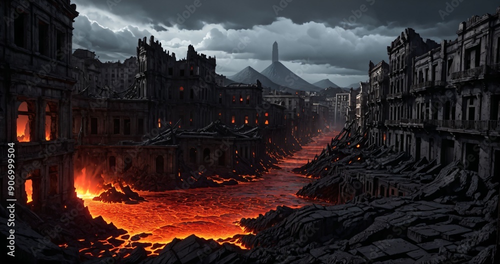 post apocalyptic city buildings drowning in lava during post apocalypse ...