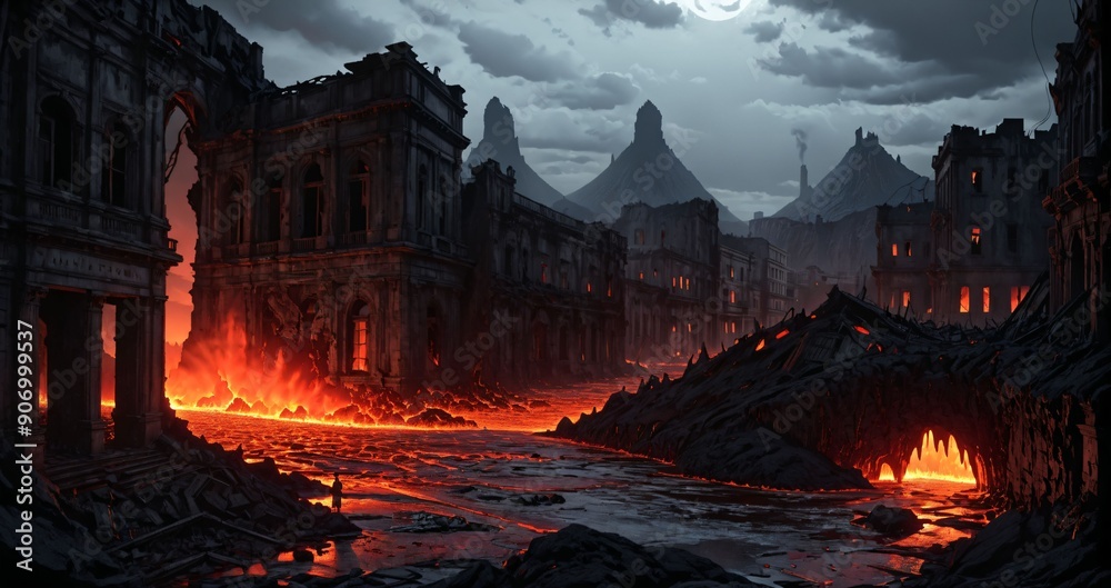 post apocalyptic city buildings drowning in lava during post apocalypse ...
