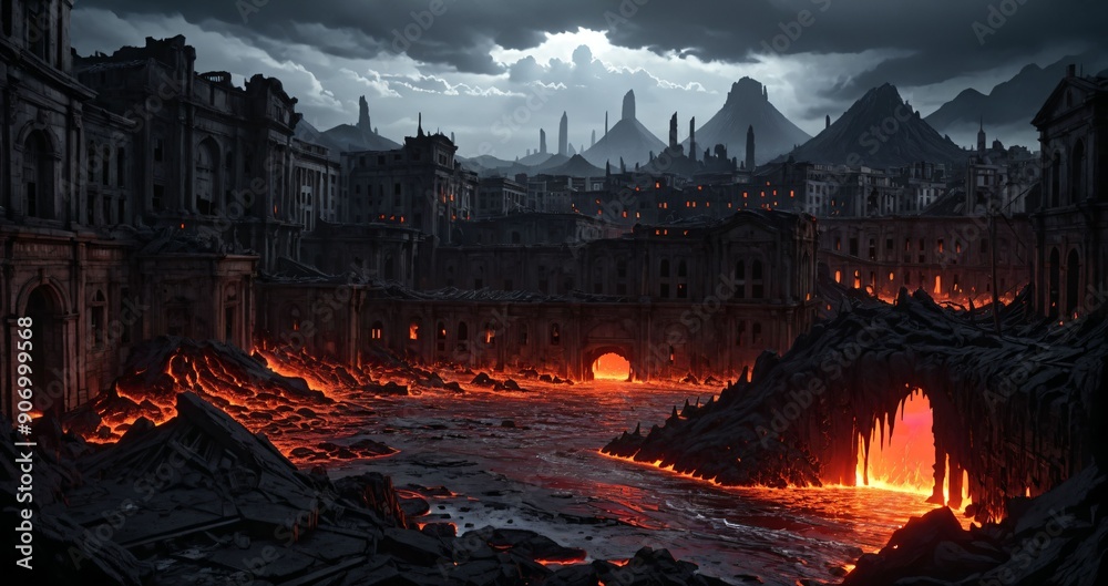 post apocalyptic city buildings drowning in lava during post apocalypse ...