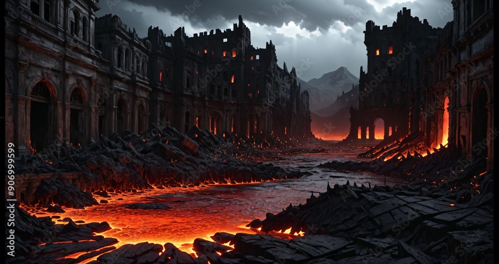 post apocalyptic city buildings drowning in lava during post apocalypse ...