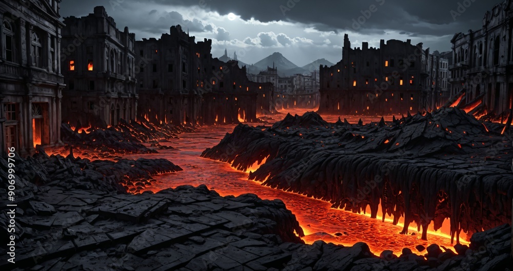 post apocalyptic city buildings drowning in lava during post apocalypse ...