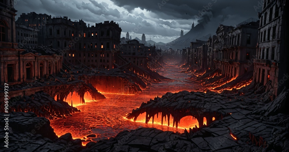 post apocalyptic city buildings drowning in lava during post apocalypse ...