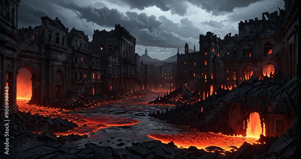 post apocalyptic city buildings drowning in lava during post apocalypse ...
