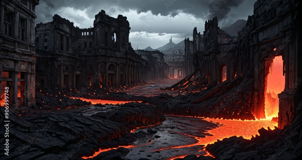 post apocalyptic city buildings drowning in lava during post apocalypse ...