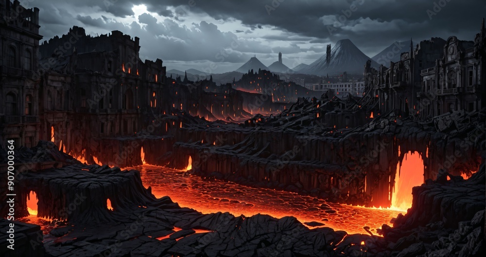 post apocalyptic city buildings drowning in lava during post apocalypse ...
