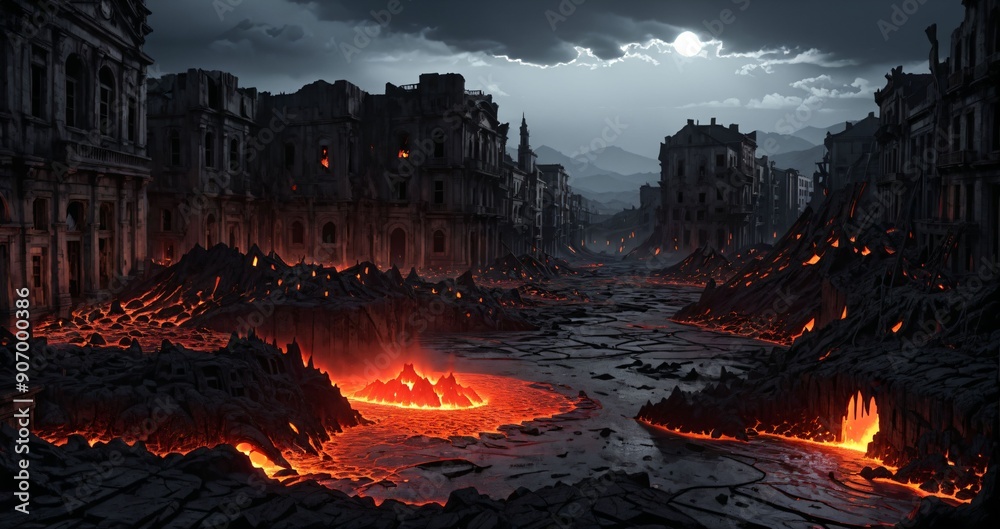 post apocalyptic city buildings drowning in lava during post apocalypse ...