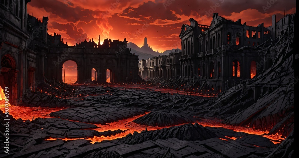 post apocalyptic city buildings drowning in lava during post apocalypse ...