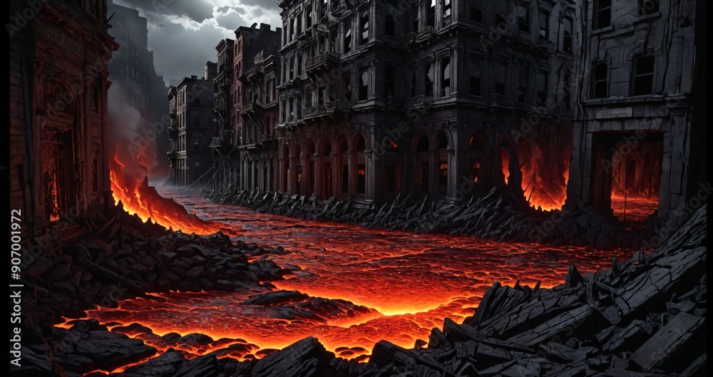 post apocalyptic city buildings drowning in lava during post apocalypse ...