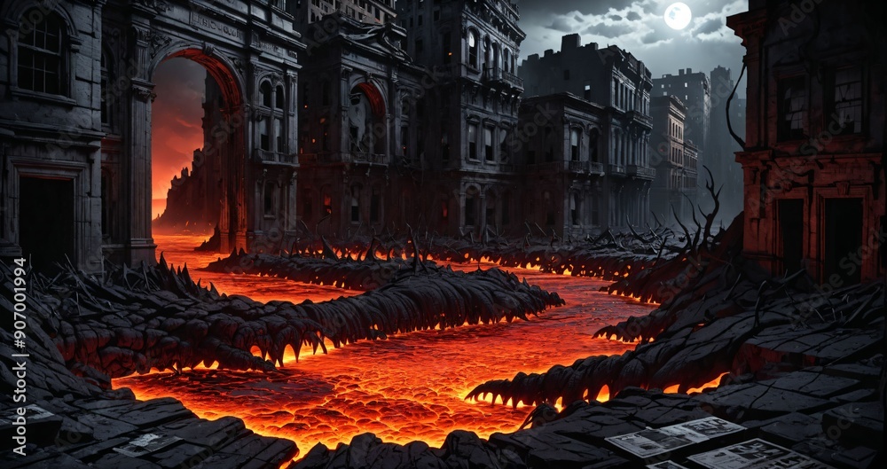 post apocalyptic city buildings drowning in lava during post apocalypse ...