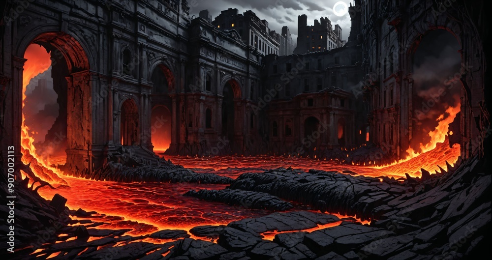 post apocalyptic city buildings drowning in lava during post apocalypse ...