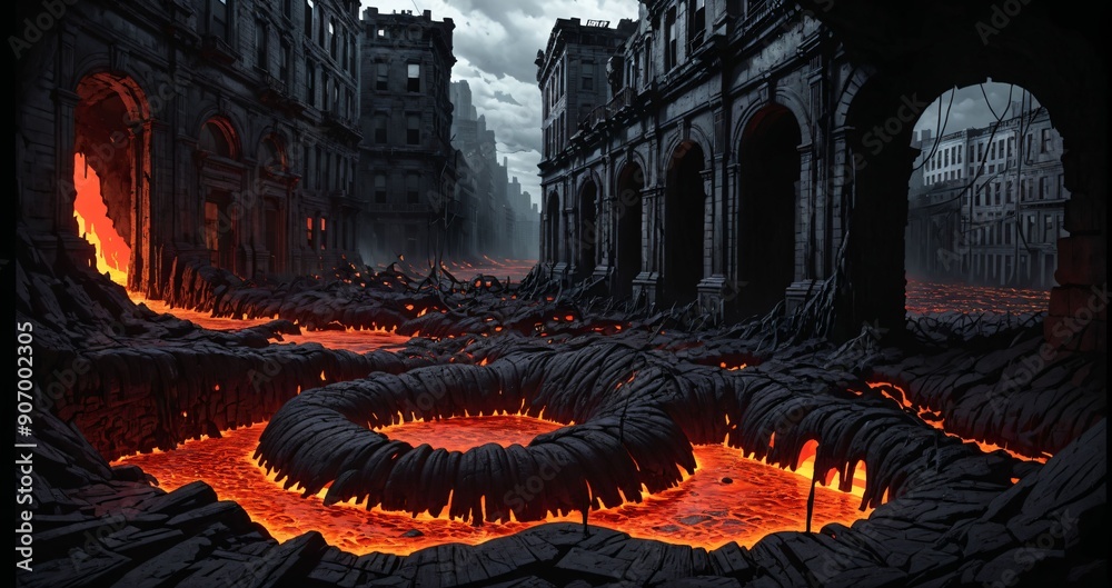 post apocalyptic city buildings drowning in lava during post apocalypse ...