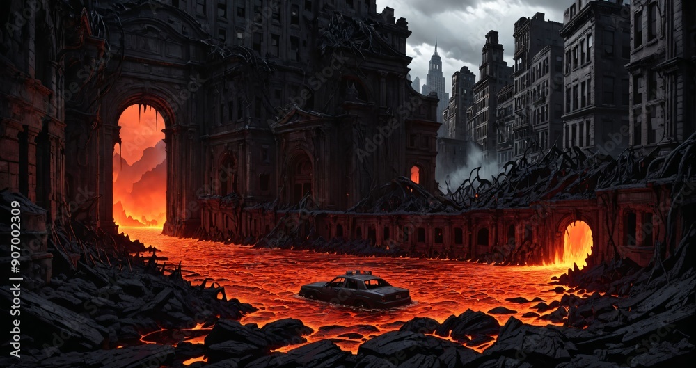 post apocalyptic city buildings drowning in lava during post apocalypse ...