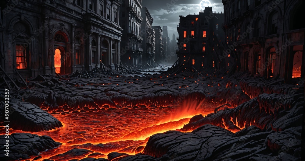 post apocalyptic city buildings drowning in lava during post apocalypse ...