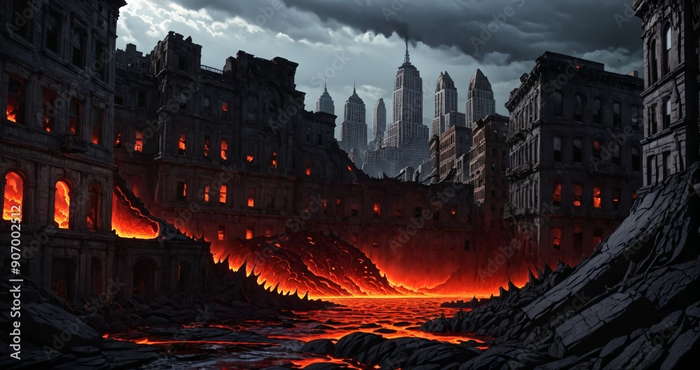 post apocalyptic city buildings drowning in lava during post apocalypse ...