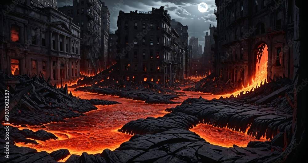 post apocalyptic city buildings drowning in lava during post apocalypse ...