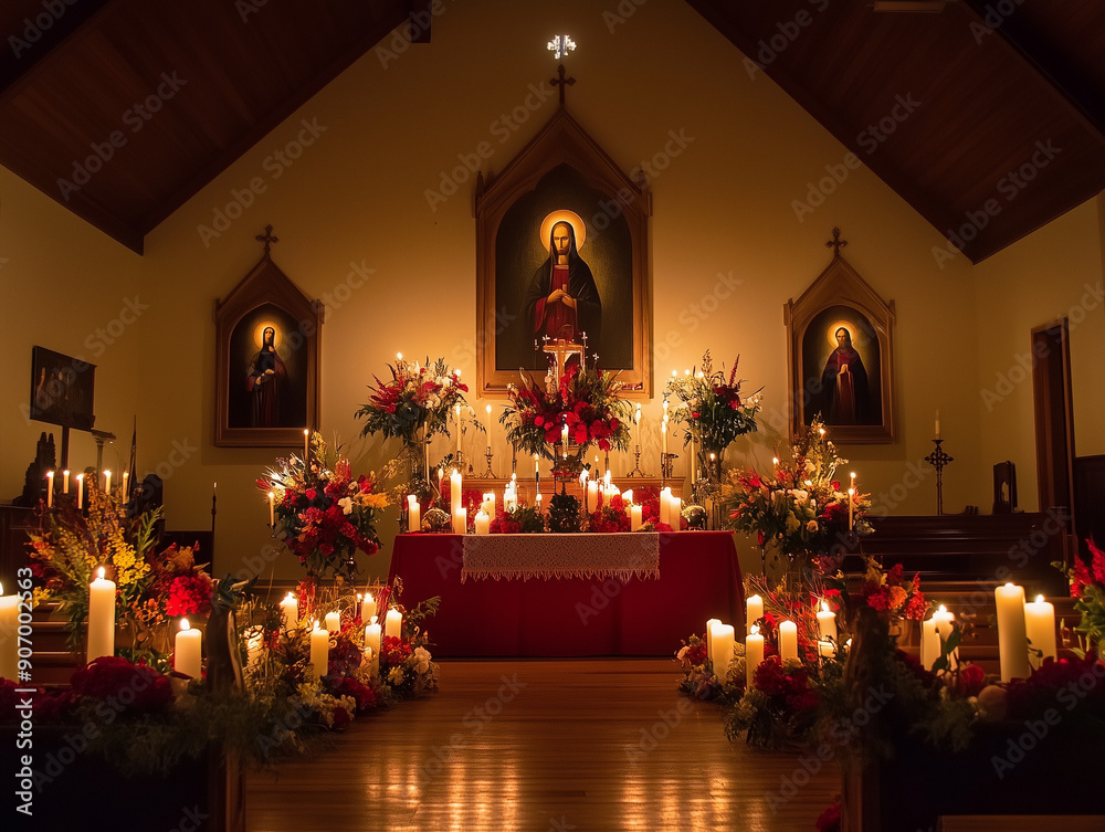 The church glows with candlelight during an All Saints' Day service, with portraits of saints ...