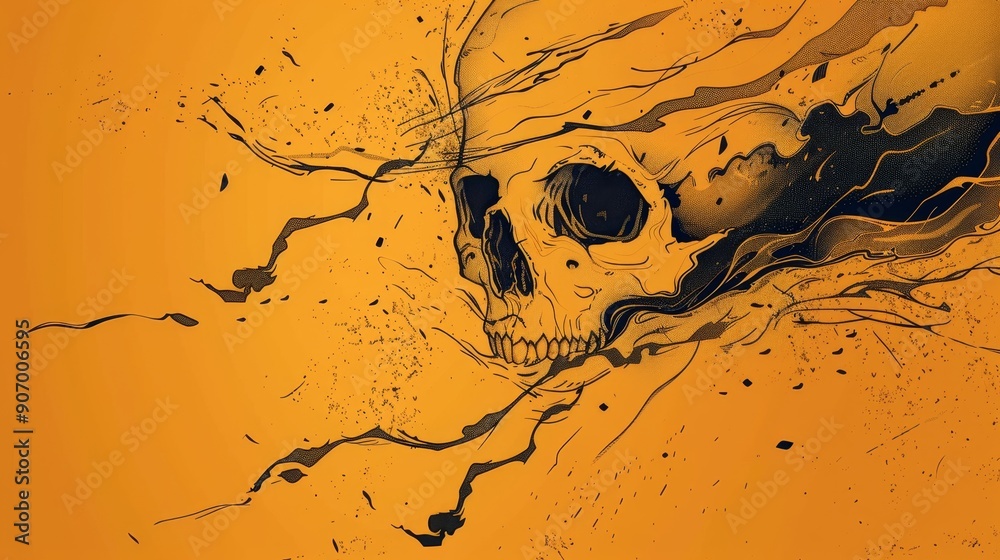 A detailed illustration of a human skull emerging from swirling smoke ...