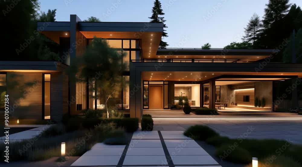 Modern two-story house with large windows, surrounded by greenery ...