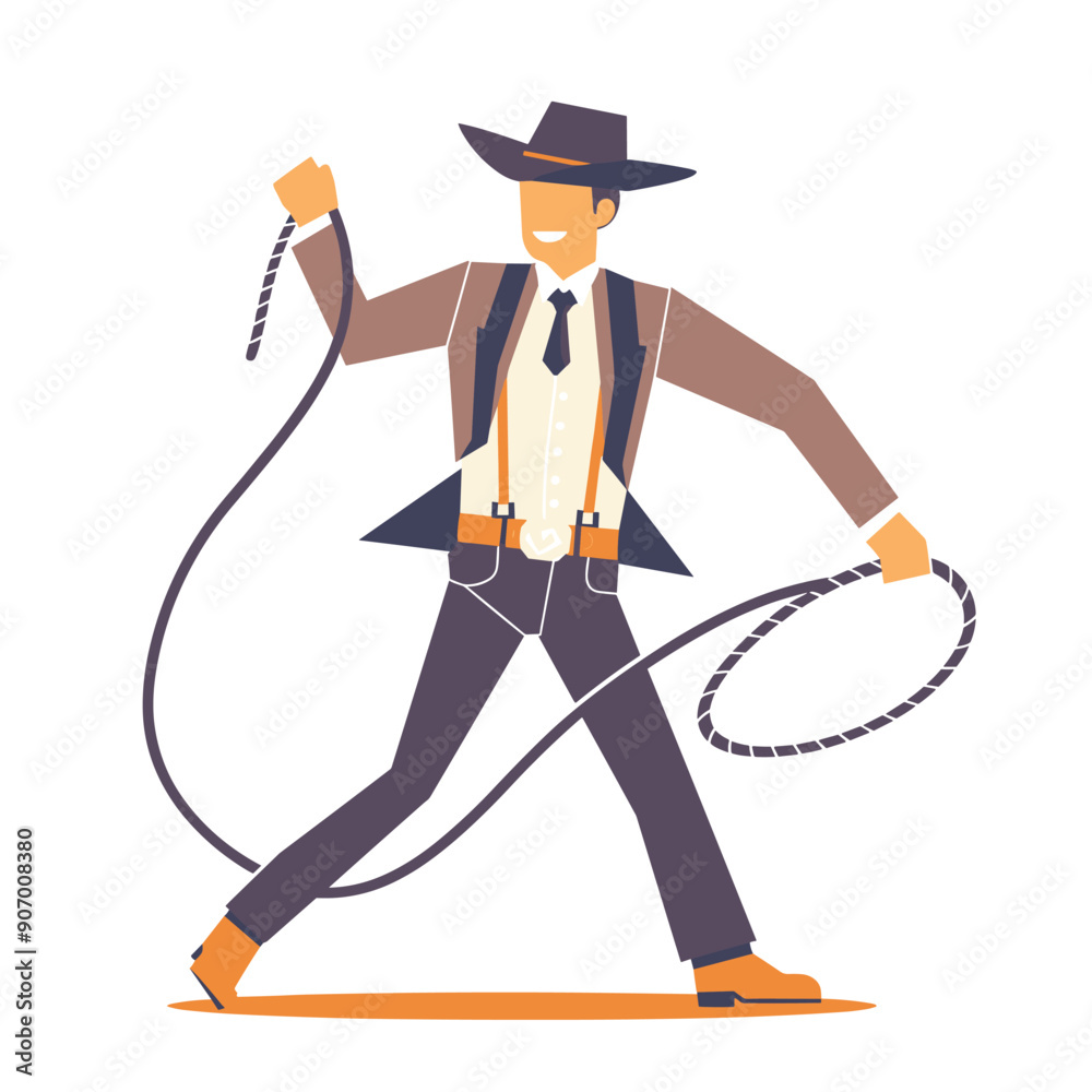 Cowboy character swinging lasso, dressed western attire against plain ...