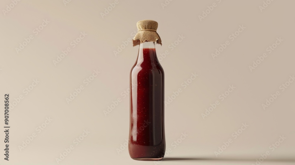 A glass bottle with a red liquid inside, capped with a brown kraft ...