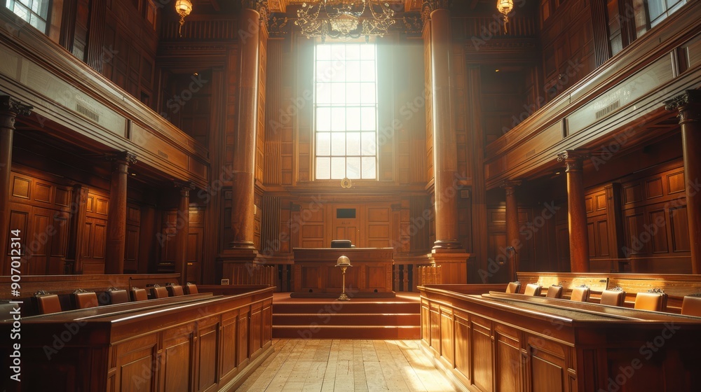Grand, historic courtroom with wooden interiors and high ceilings ...