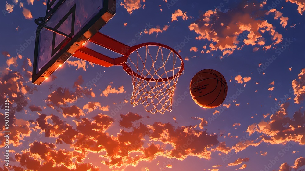 Portray a basketball going through the hoop, making a swish in the net ...