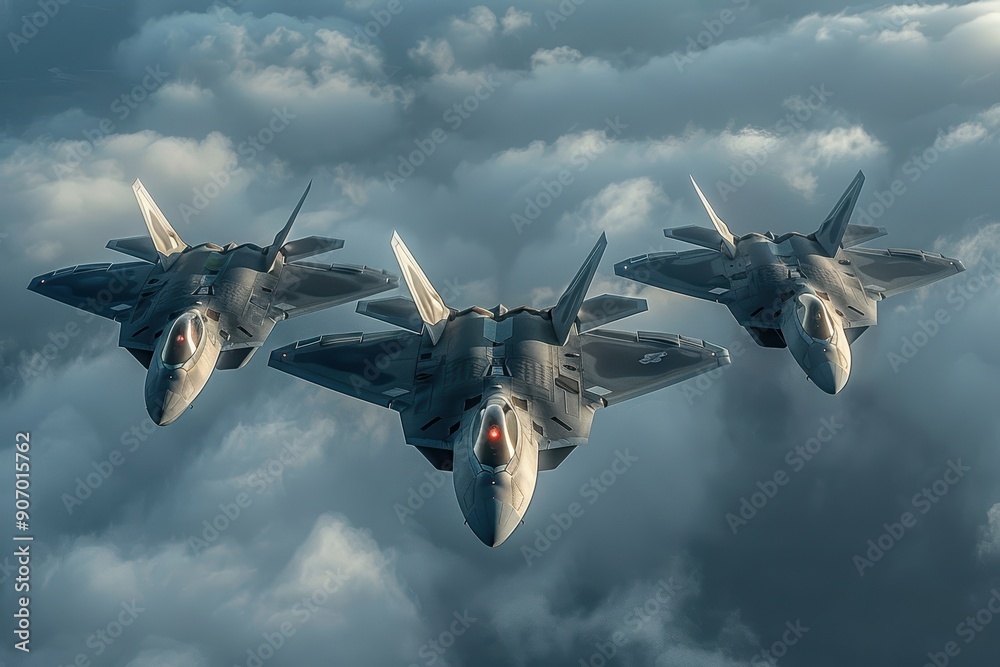 Three advanced military fighter jets flying in formation above the ...
