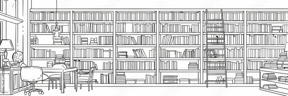 A simple sketch of a library interior with bookshelves filled with ...