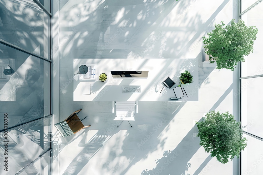 Top view of office interior with work desk and laptop, panoramic window ...