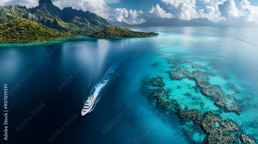 A research vessel navigating through a remote tropical archipelago, the ...