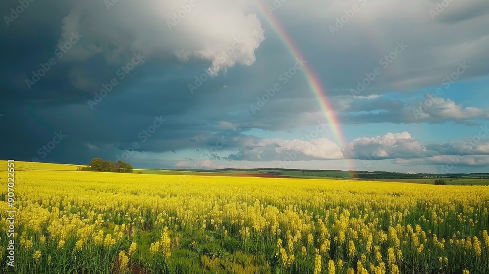 Dramatic sky above rural canola field with rainbow Agricultural weather ...