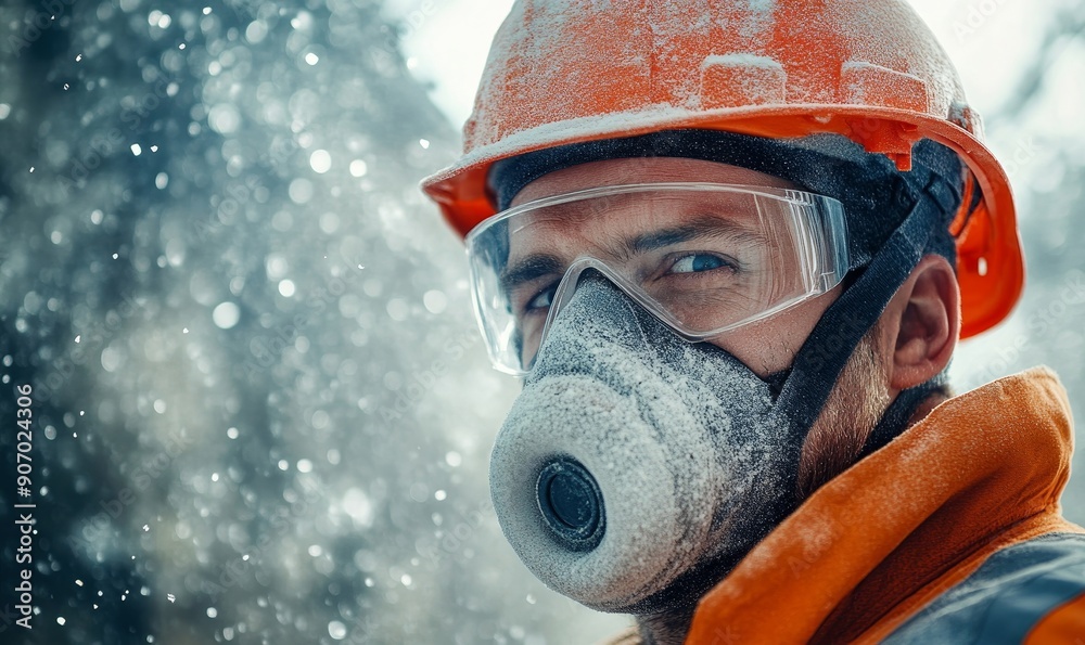 Professional construction worker wearing a high-grade dust mask ...