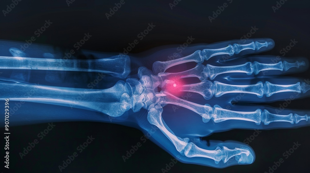 This medical illustration shows an X-ray of a hand with a highlighted ...