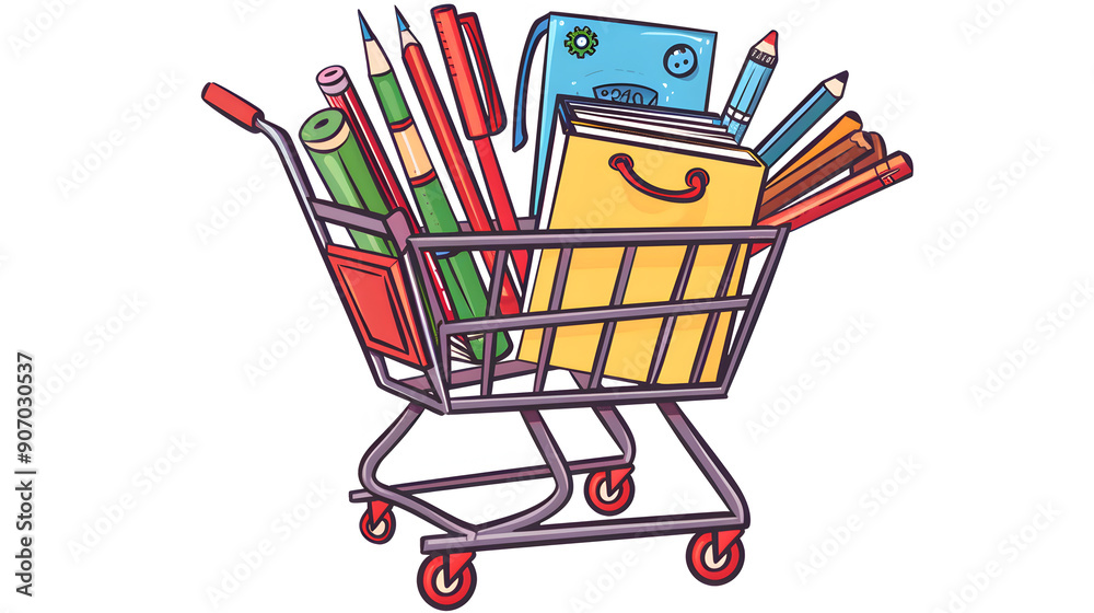 school supplies in shopping cart - back to school isolated on white ...
