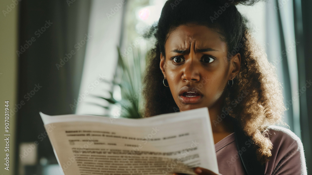Black woman shocked while reading a document at home. Stock ...