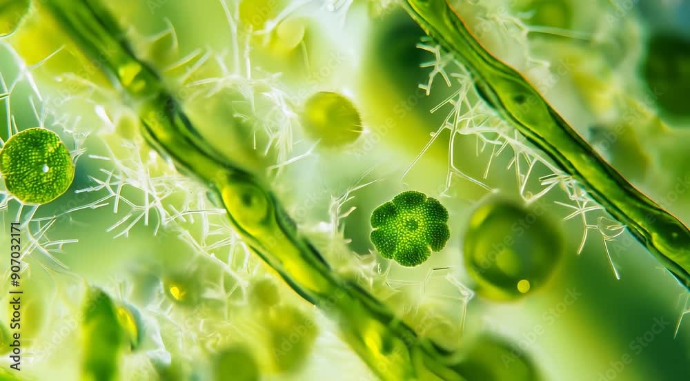 Microscopic view of green algae and phytoplankton with detailed cellular structures, showing ...