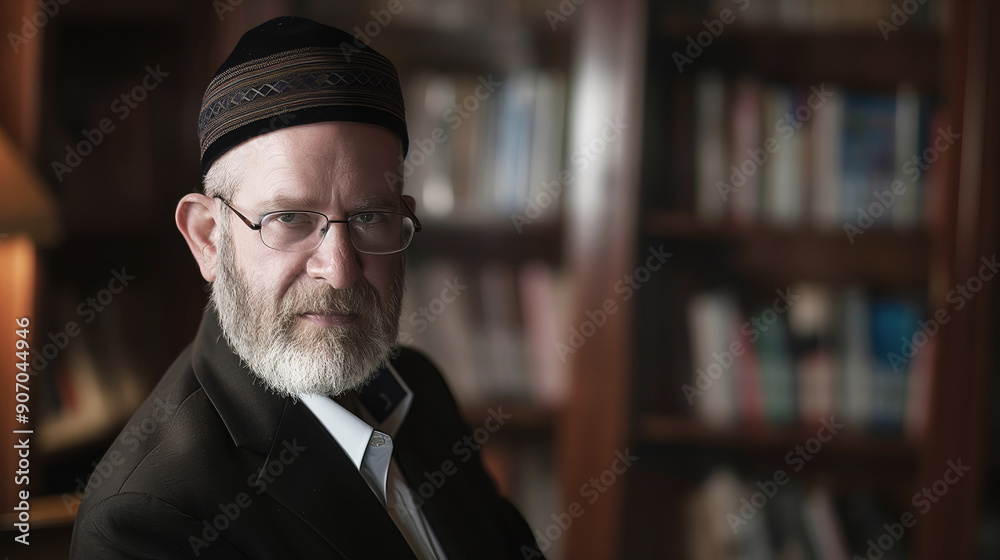 Elderly Jewish man with beard wearing traditional cap and glasses ...