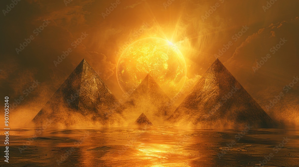 3d surreal landscape with abstract fantasy pyramids in triangle forms ...