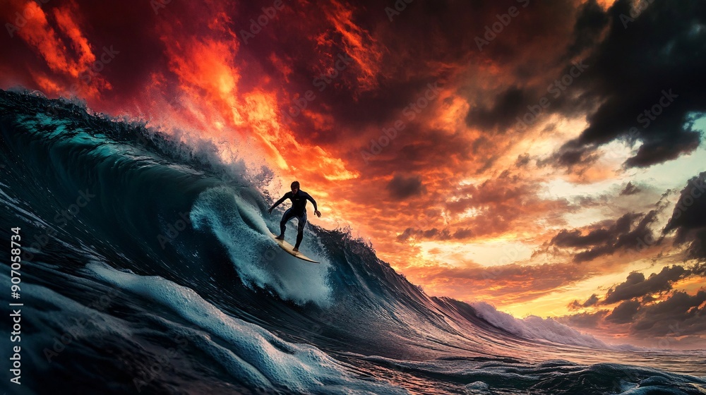 Surfer launching off the top of a gigantic wave, with water cascading ...