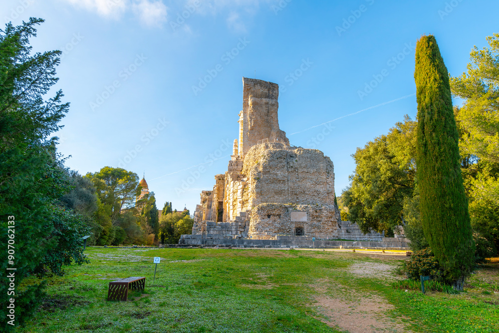 Rear view of the ancient Roman ruins of the Trophy of Augustus, or ...