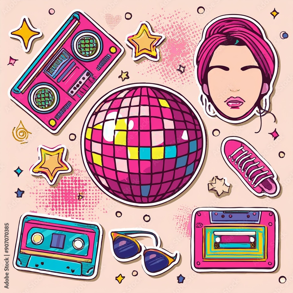Retro set of icons of 90s. Pop art sticker collection for 1990 born ...