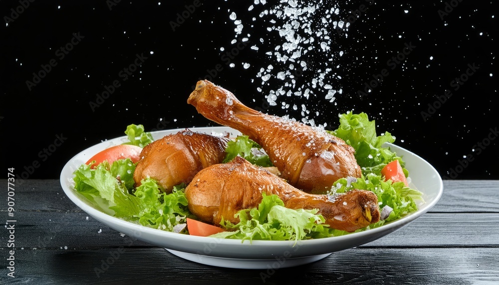 Crispy fried chicken drumsticks tossed in the air with salt and ...