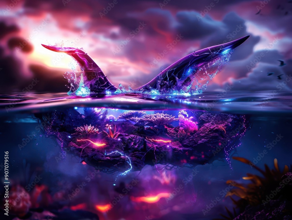 Bioluminescent creatures illuminating the dark ocean depths, creating a ...