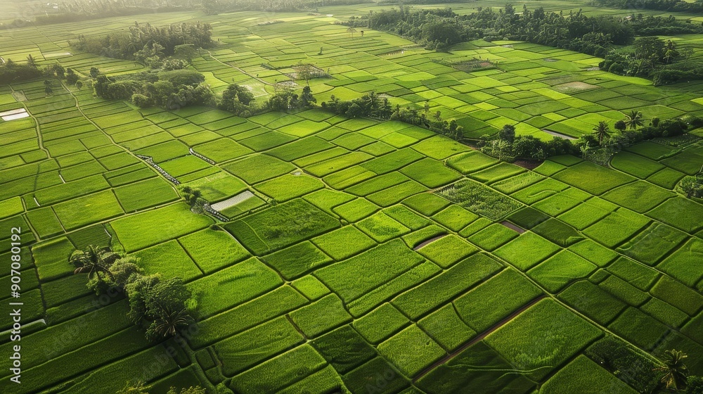 Aerial Perspective of Green Rice Paddies in a Grid Pattern, Drone ...