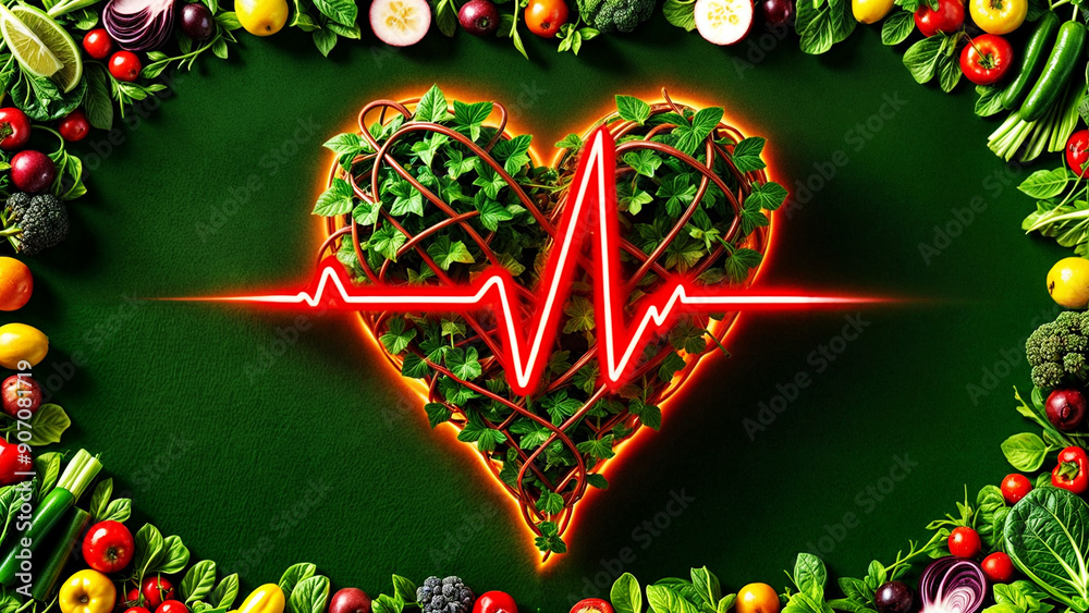 Heart-shaped green leafy vegetable at the center of a heartbeat line ...