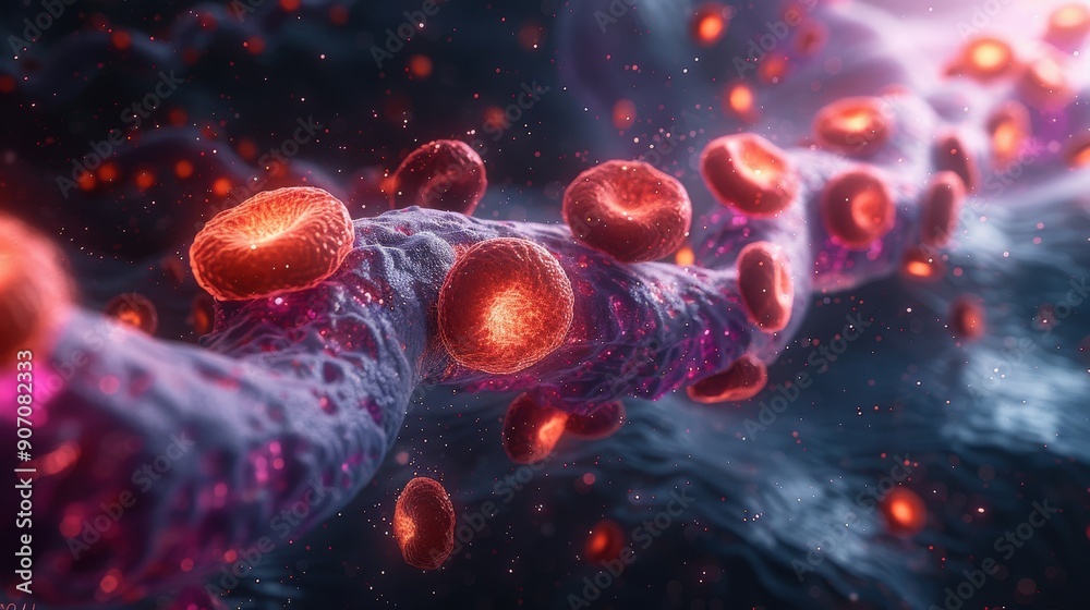 A detailed 3D visualization of red blood cells flowing through veins ...