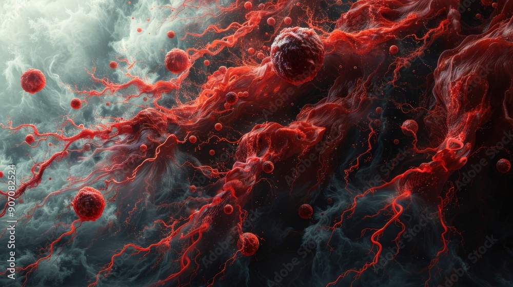 A detailed and vibrant 3D image of red blood cells and platelets within ...