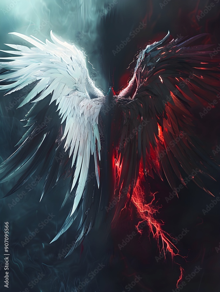 Good versus evil concept art. Glowing white angel wing contrasting with ...