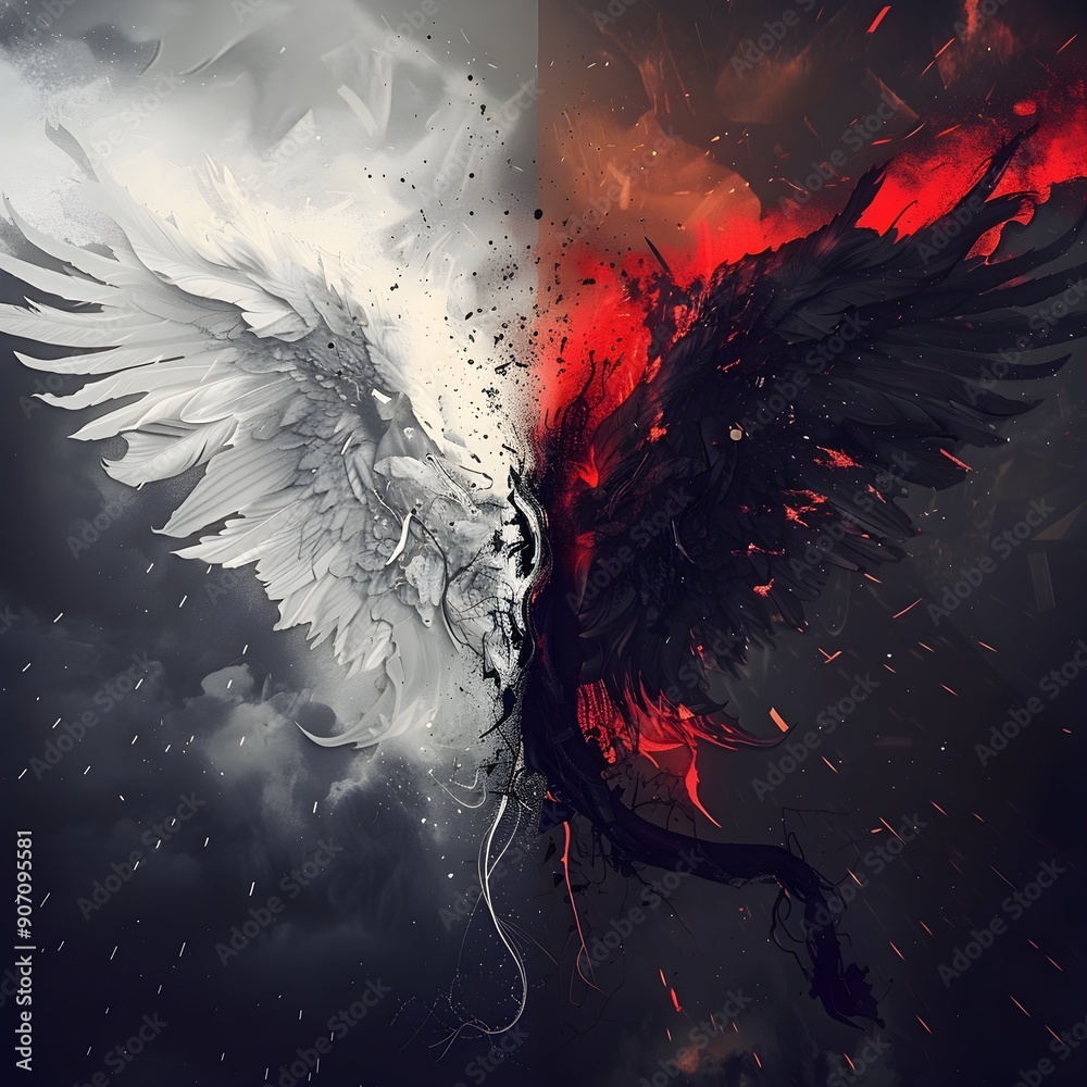 Good versus evil concept art. Glowing white angel wing contrasting with ...